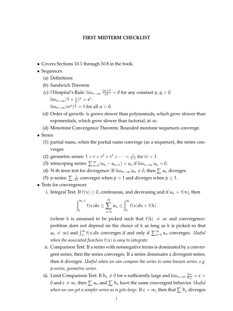 First Midterm Check List | PDF | Power Series | Sequence