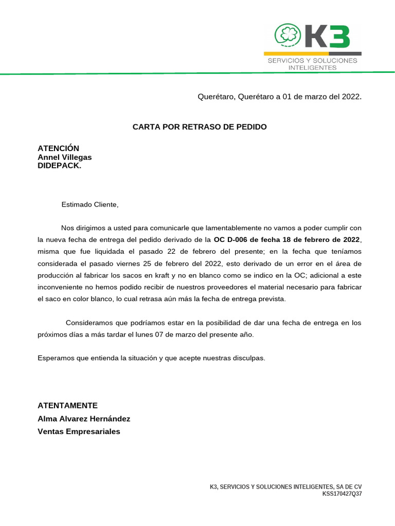 Retraso en Pedido de Sacos Kraft | PDF