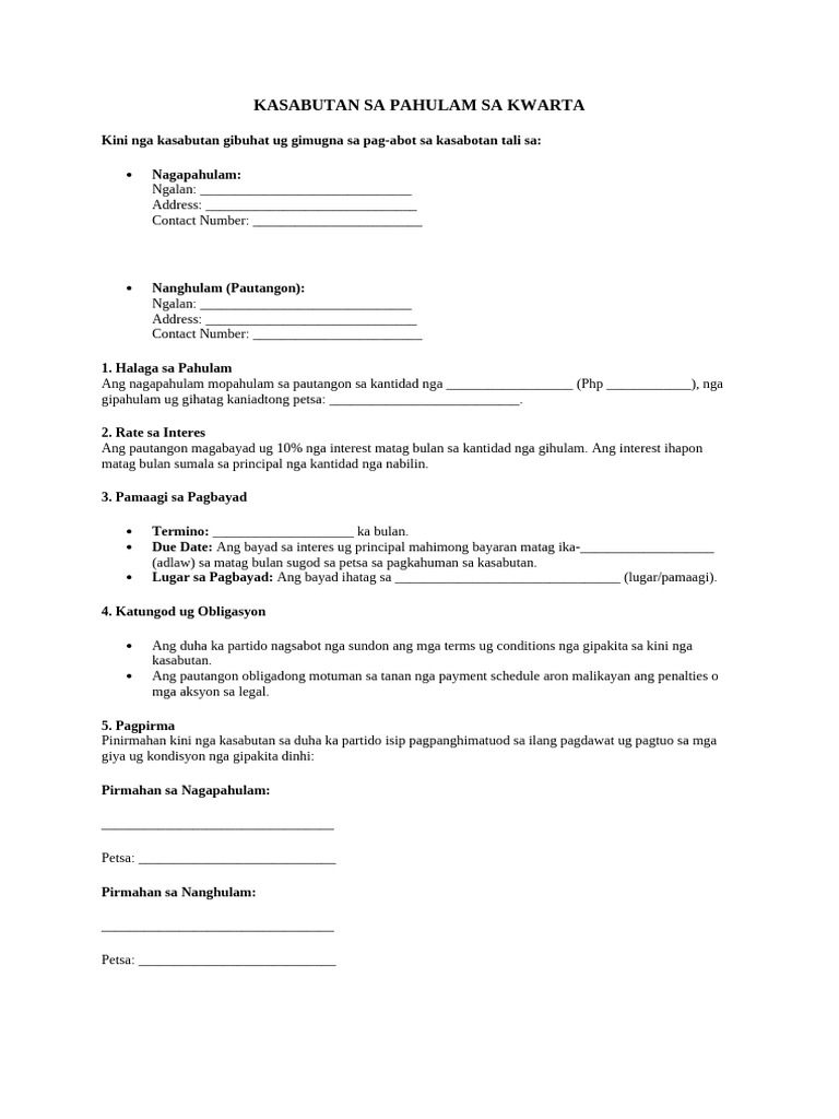 Kasabutan Sa Pahulam Sa Kwarta | PDF