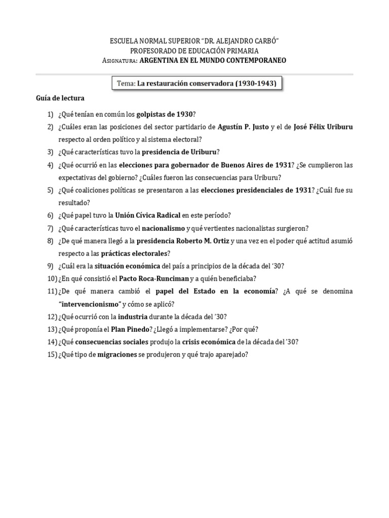 Guia de Lectura. Restauracion Conservadora 1930-1943 | PDF | Gran depresion | Ciencias Políticas
