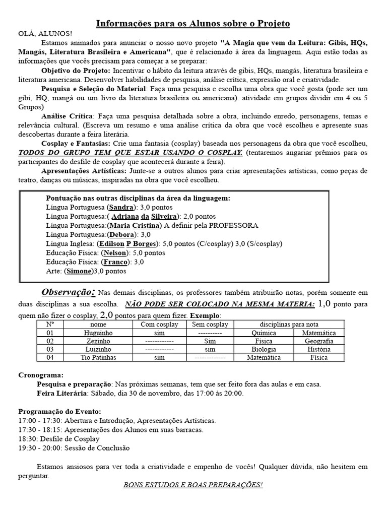 Informa - Es para Os Alunos Sobre o Projeto | PDF | Mangá | Cosplay