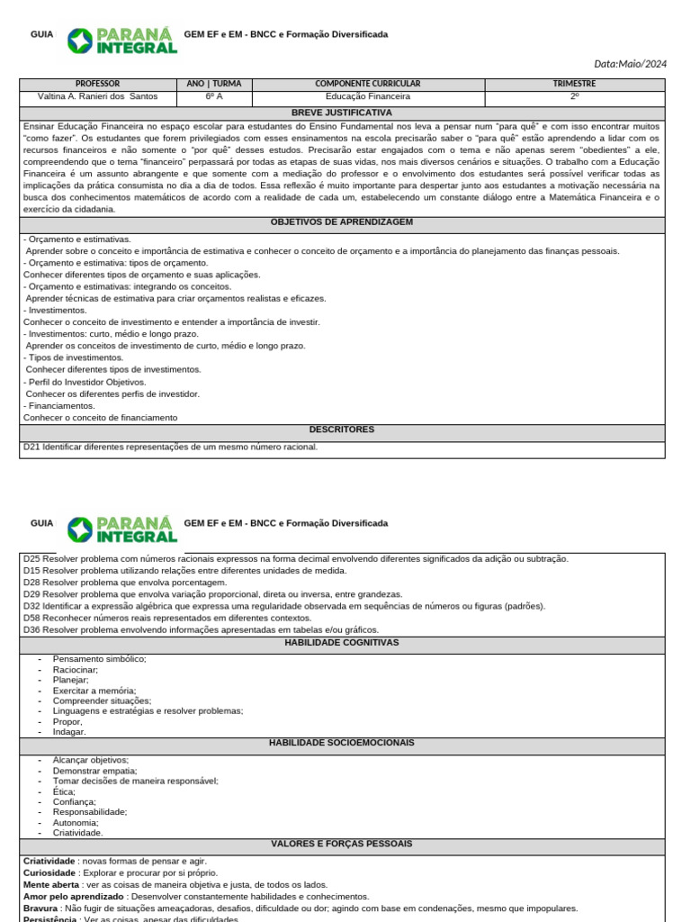 Guia de Ensino Aprendizagem 6ºano Ed. Finan Valtina | PDF | Aprendizado ...