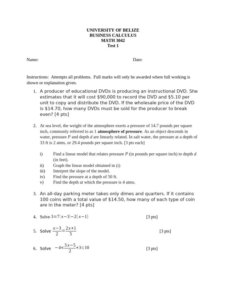Business Calculus Test 1 | PDF