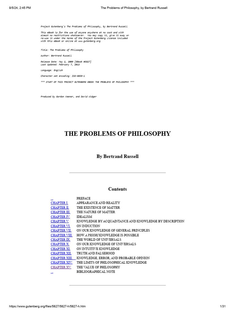 The Problems of Philosophy, by Bertrand Russell | PDF | Metaphysics ...