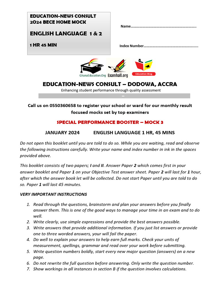 2024 BECE English Mock Exam Papers | PDF | Question
