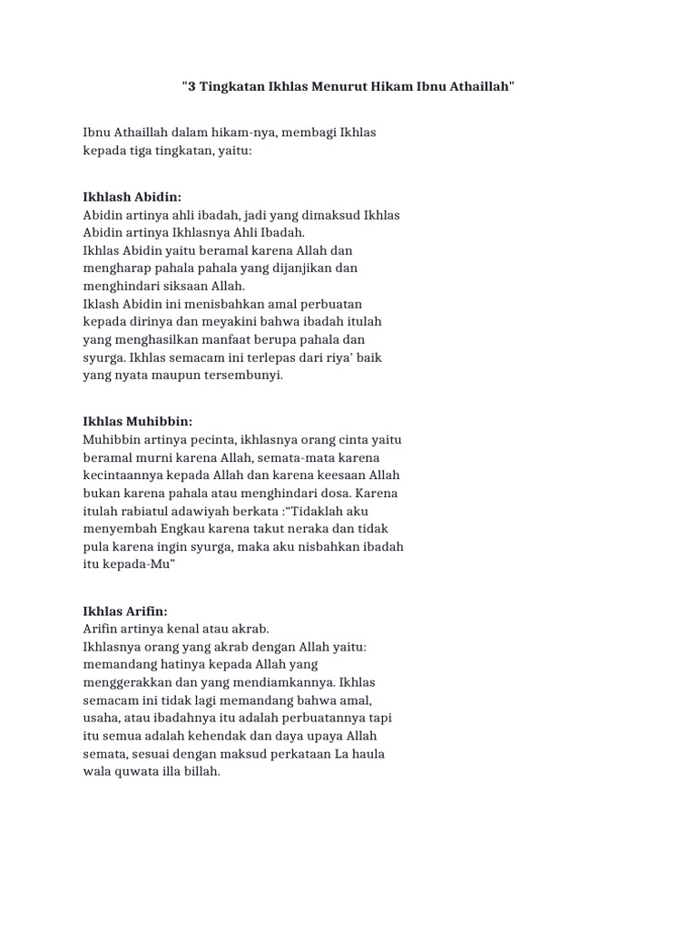 3 Tingkatan Ikhlas Menurut Hikam Ibnu Athaillah | PDF