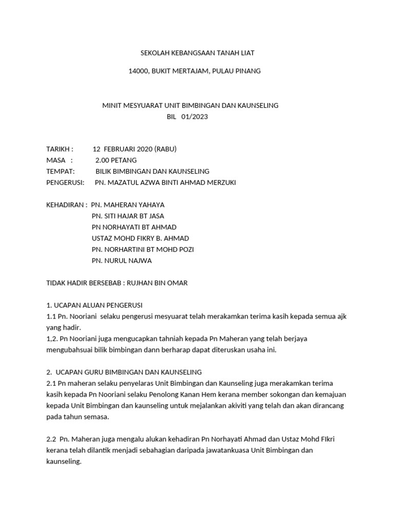 Minit Mesyuarat BNK 2020 | PDF