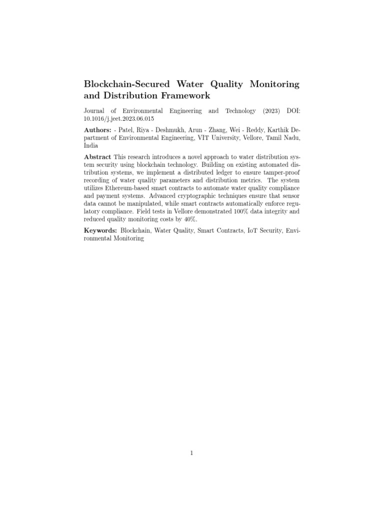 Blockchain-Secured Water Quality Monitoring and Distribution Framework | PDF