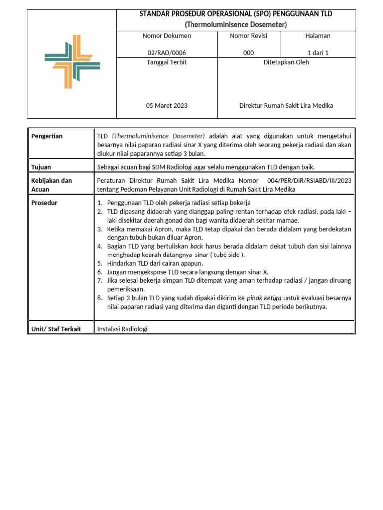 02-Rad-0009 Spo Penggunaan TLD | PDF | Teknologi & Rekayasa