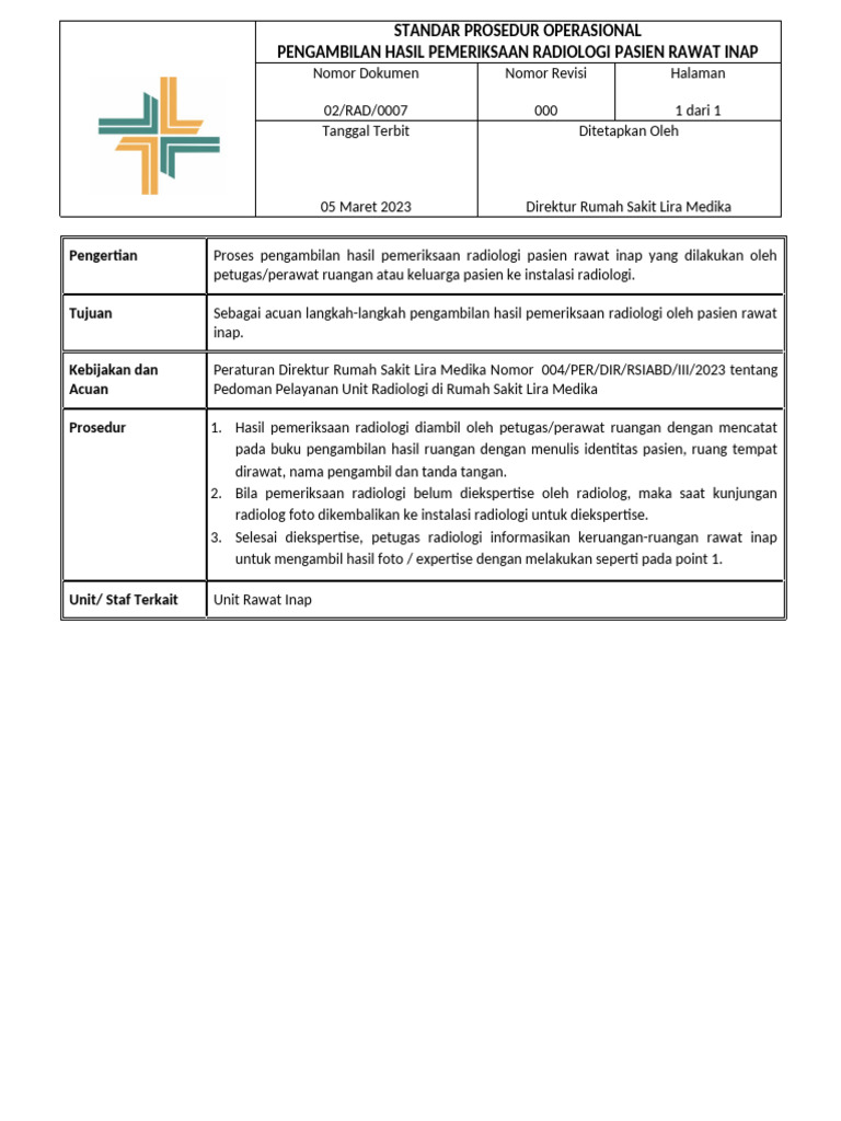 02-Rad-0007 Spo Pengambilan Hasil Pemeriksaan Radiologi Pasien Rawat ...