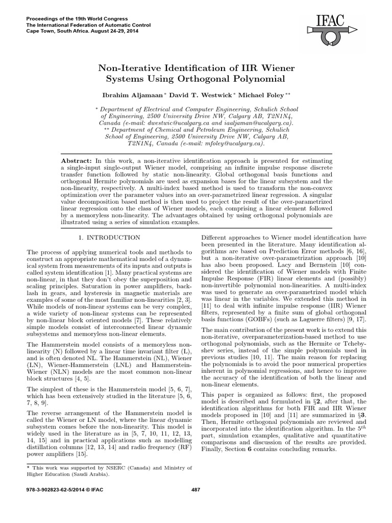 Non Iterative Identification of IIR Wiener Systems Usi - 2014 - IFAC Proceedings | PDF | Basis ...