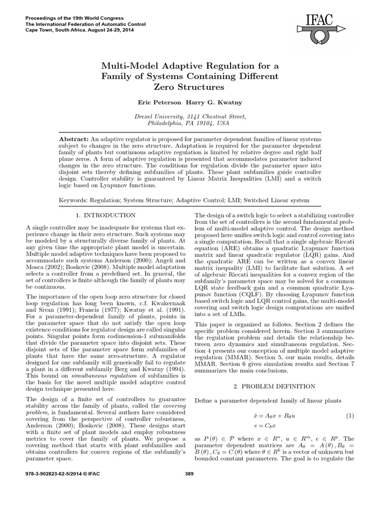 Multi Model Adaptive Regulation For A Family of Systems - 2014 - IFAC ...
