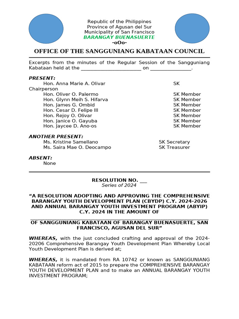 Buenasuerte 3 - Resolution Approving CBYDP and ABYIP | PDF | Youth ...