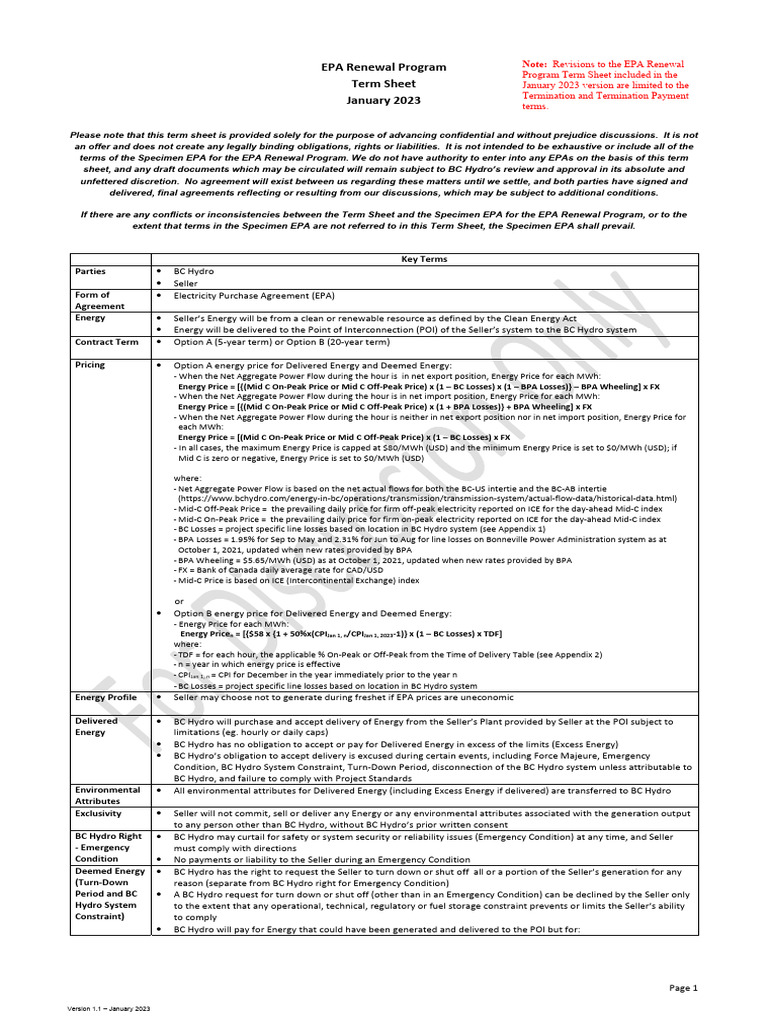 Epa Renewal Program Term Sheet Jan2023 | PDF | Hydroelectricity | Invoice
