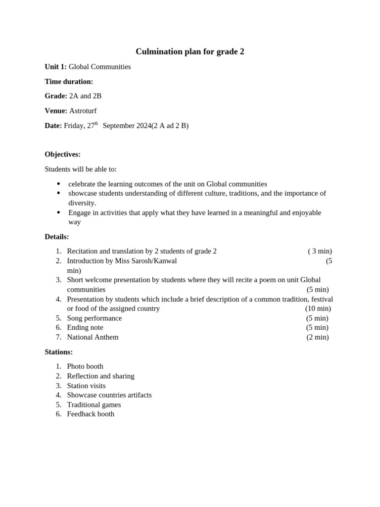 Culmination Plann | PDF