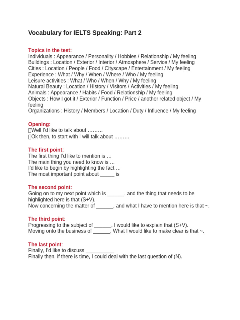 Vocabulary For IELTS Speaking | PDF