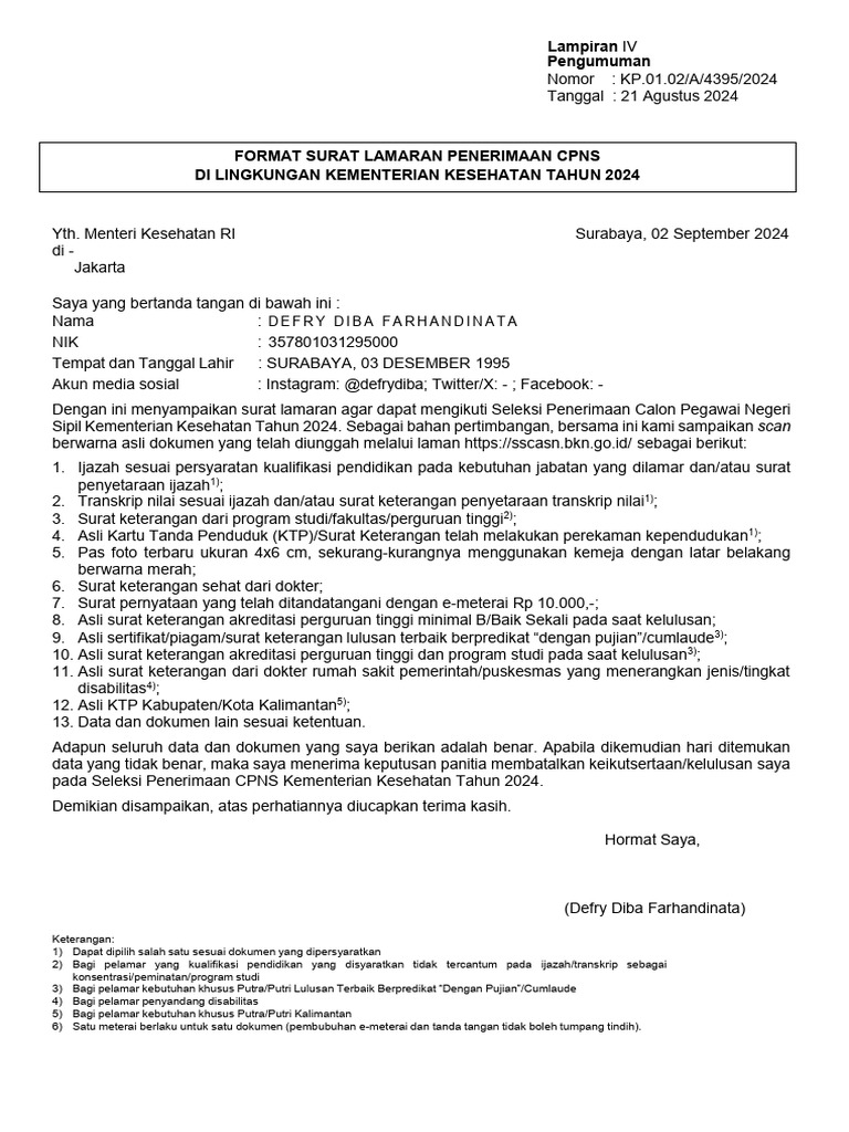 Format Surat Lamaran CPNS Kemenkes 2024 | PDF