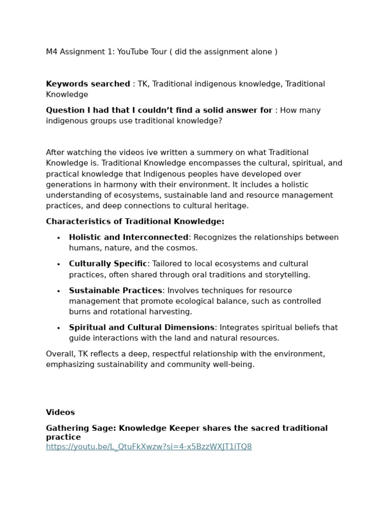 M4 Assignment 1 YouTube Tour | PDF | Sustainability | Traditional Knowledge