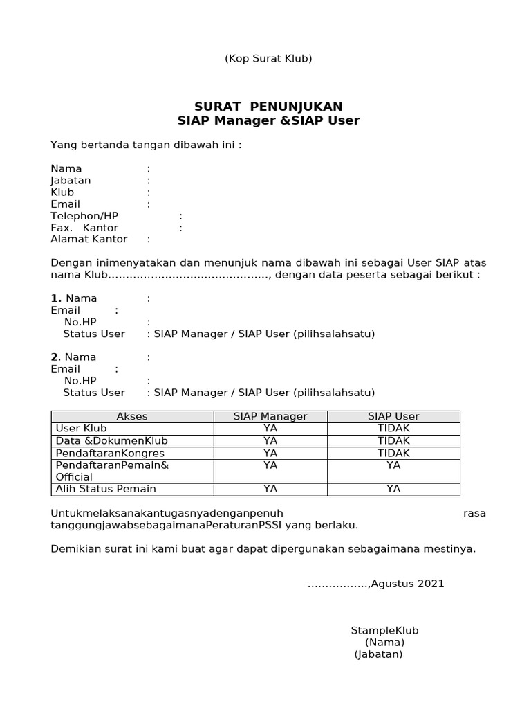 Surat Penunjukan Siap (Klub) | PDF