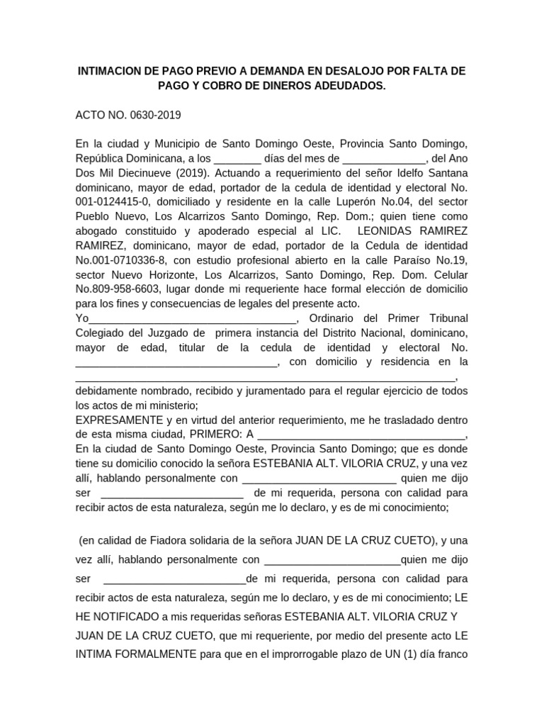 Intimacion de Pago Previo A Demanda en Desalojo Por Falta de Pago y ...