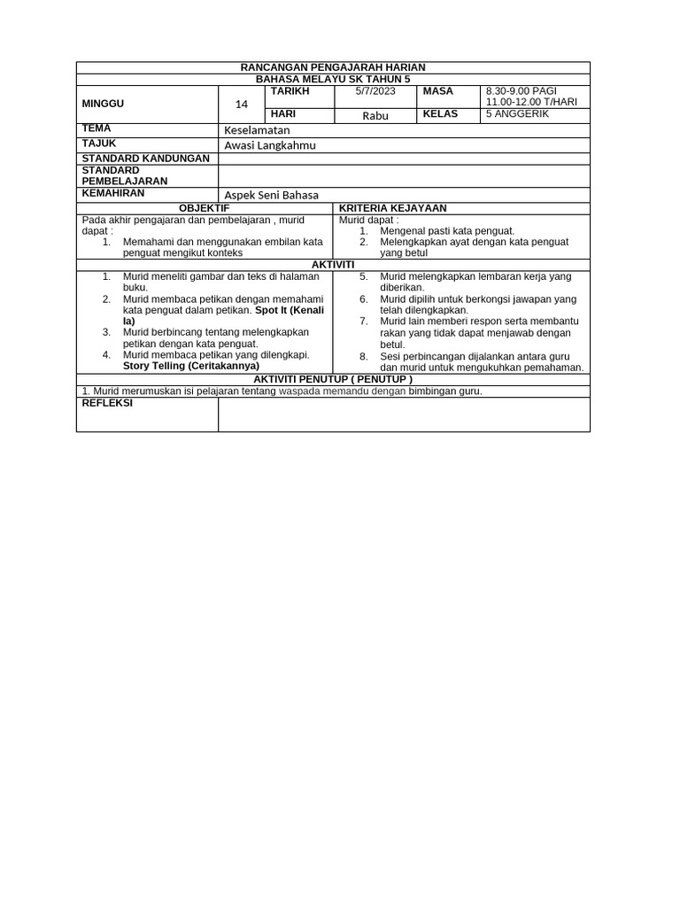 RPH Minggu 12 BM THN 5 | PDF