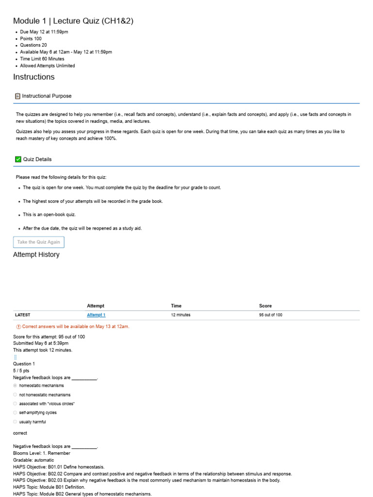 Module 1 - Lecture Quiz (CH1&2) - Summer 2024 Anatomy & Physiology I (BIO-211-O2) | PDF ...