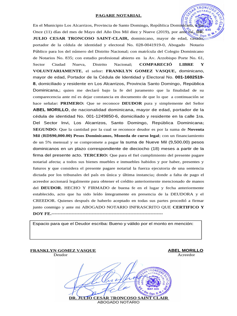 PAGARE NOTARIAL Abel | PDF | República Dominicana | Documento de identidad