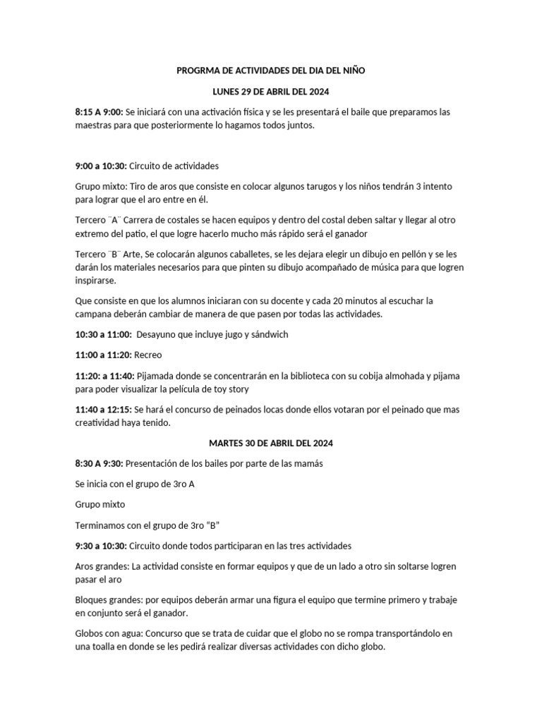 Progrma de Actividades Del Dia Del Niño | PDF