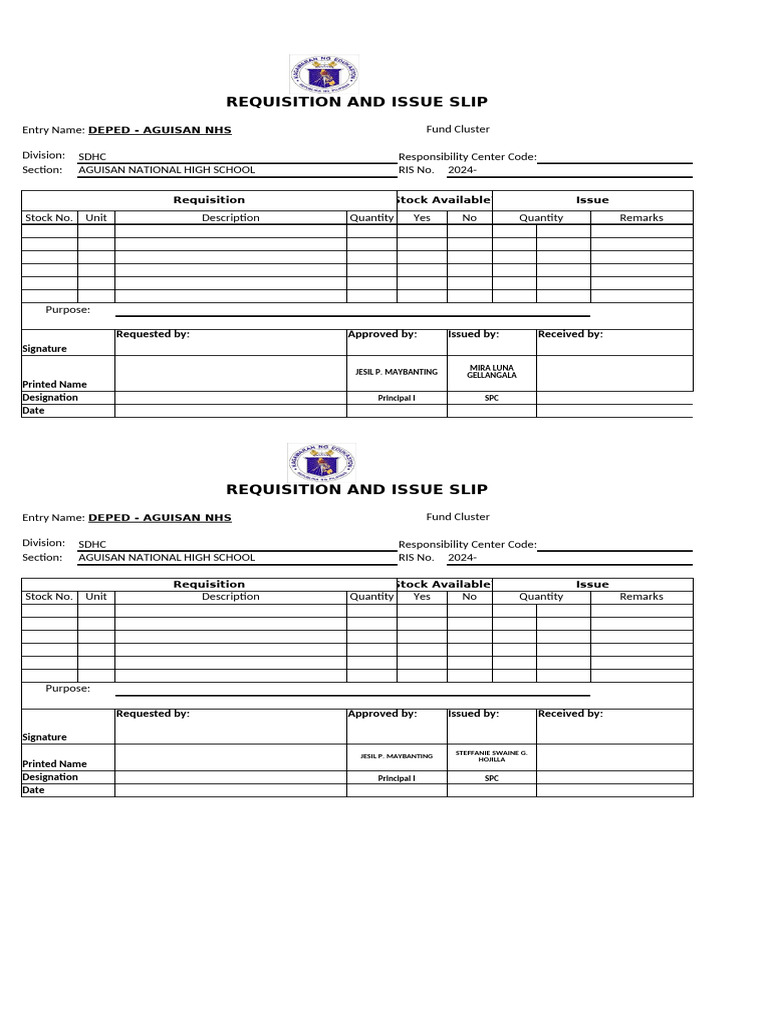 Requisition and Issue Slip Template | PDF | Stationery