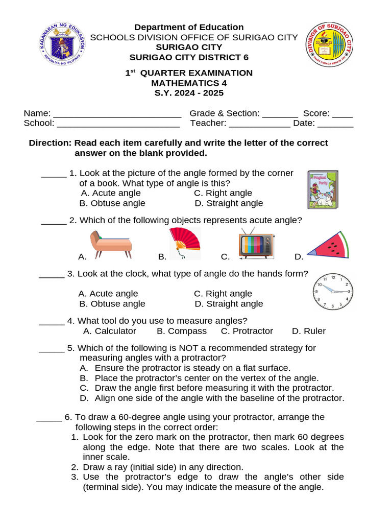 1st QUARTER MATH 4 Periodical Exam 2024 2025 | PDF | Triangle | Rectangle