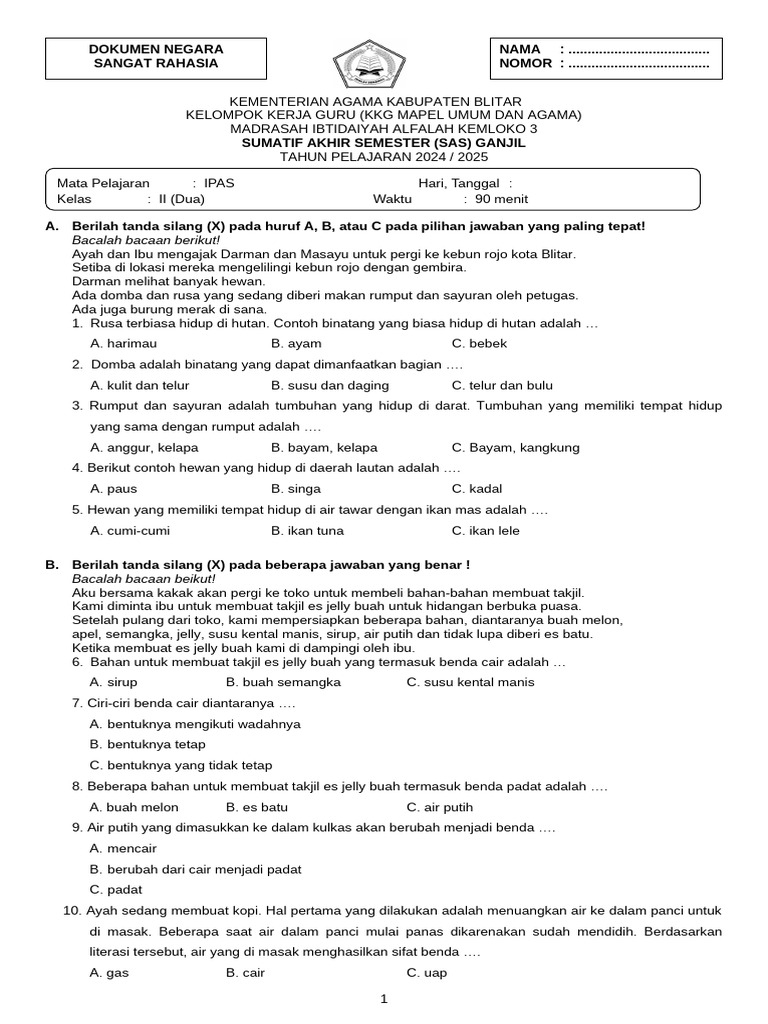 SOAL ASESMEN PAS - IPAS Kelas 2 (Semester Ganjil 2024-2025) | PDF