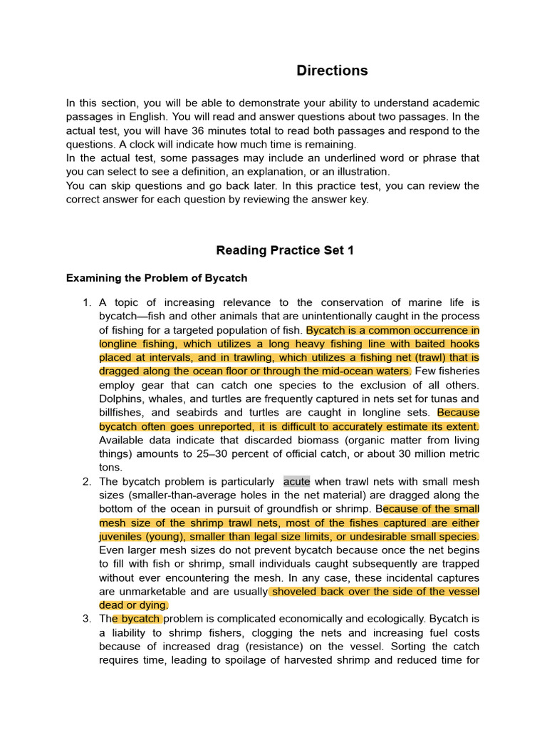 Toefl Ibt - Reading Section - Passage 1 - Mock Test | PDF | Trawling | Fish