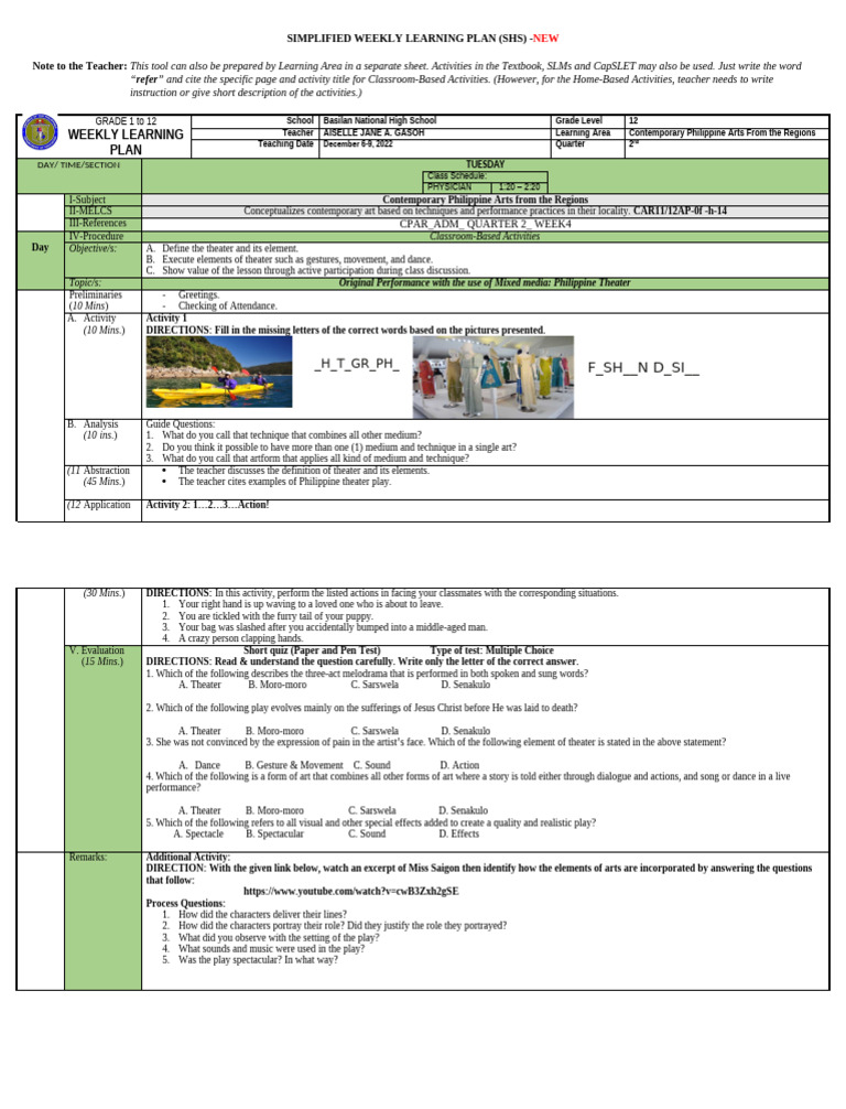 WLP - CPAR (Theater) DAY 1 and DAY 2 | PDF | Theatre | Human Communication