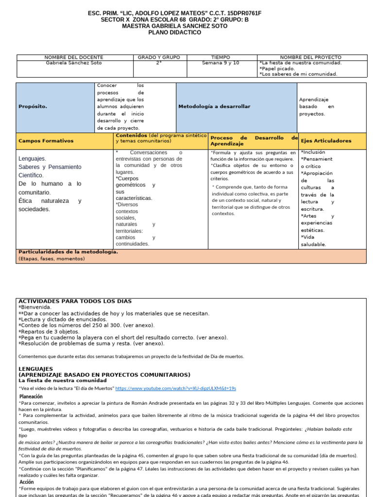 Planeación 2° Semana 9 y 10 | PDF | Aprendizaje | Cognición