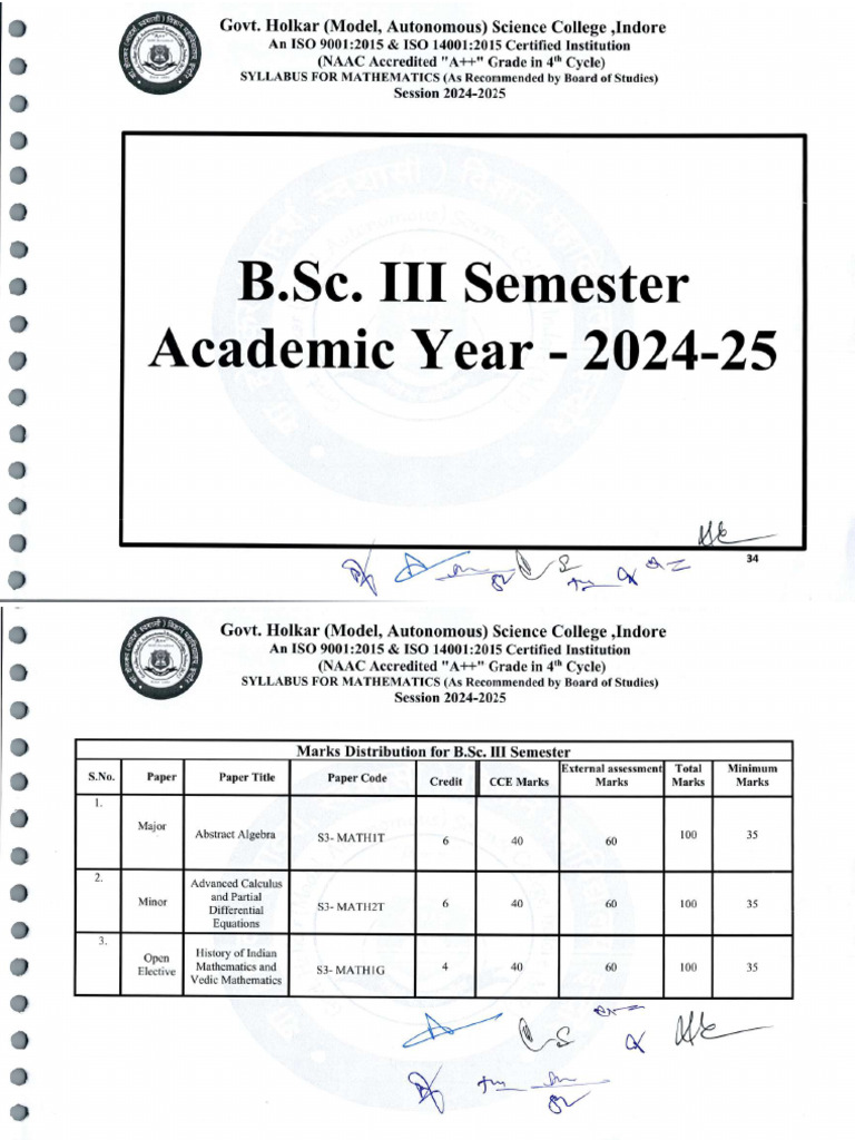 BSC III SEMESTER Syllabus MAJOR MATHEMATICS 2024-2025 | PDF