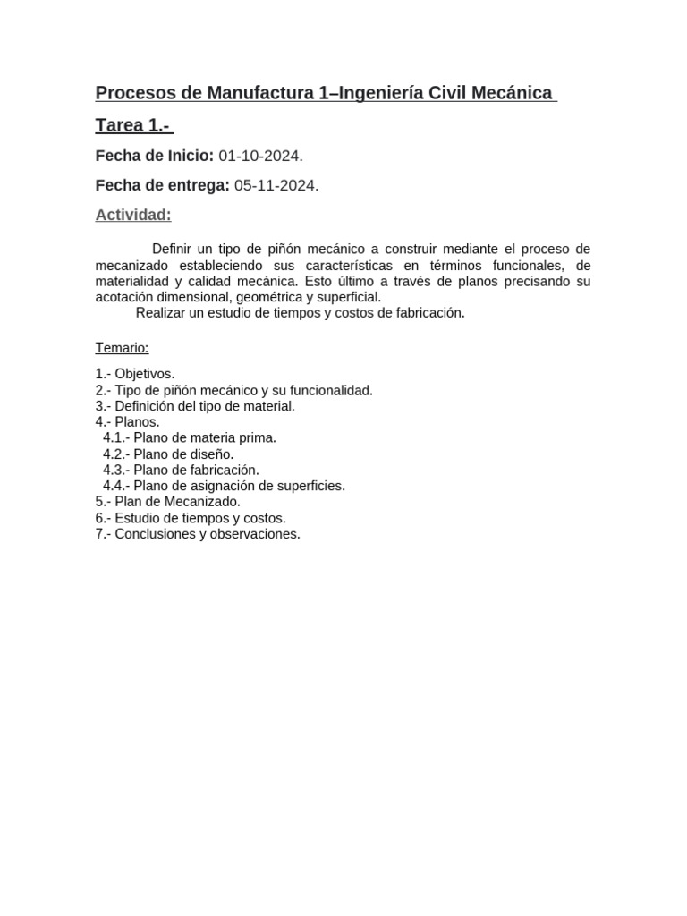 Tarea 1 - Procesos de Manufactura 1-2°S-2024 | PDF | Tecnología