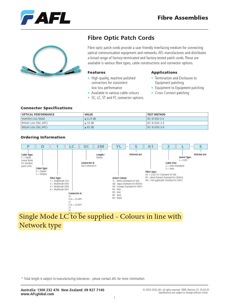 AFL Fibre Optic Patch Cords Overview | PDF | Optical Fiber | Electrical ...