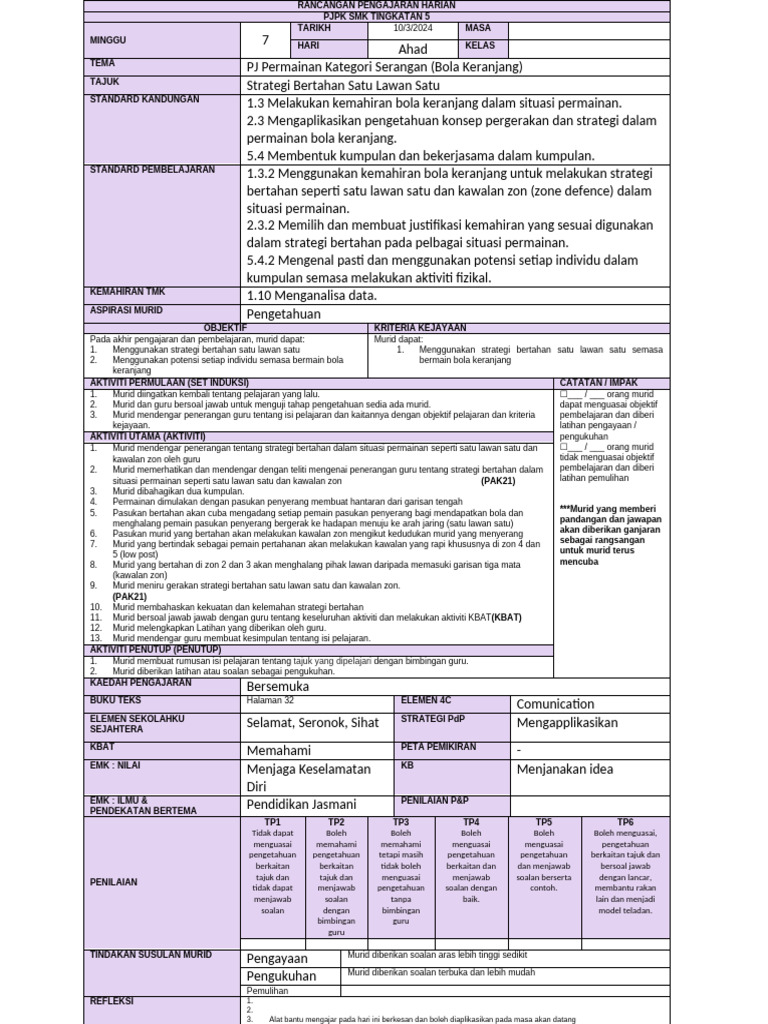RPH SMK Minggu 7 PJPK Tingkatan 5 2024-2025 by Cikgu Gorgeous | PDF
