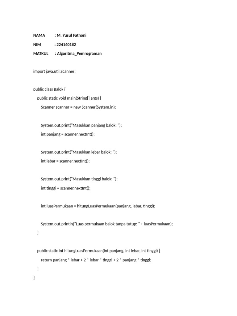 M. Yusuf Fathoni 224140182 Algoritma Pemrograman Tugas Soal Praktikum Sesuai Nim | PDF | Metode ...