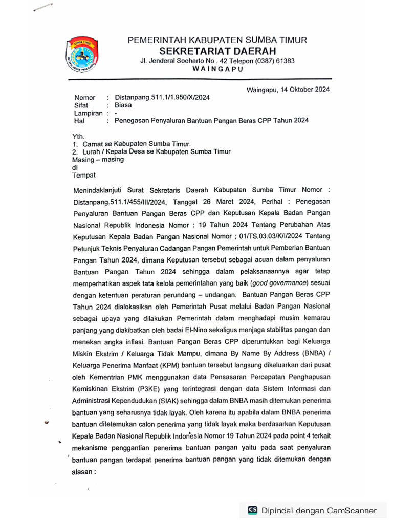 Penegasan Bantuan Pangan Beras CPP Tahun 2024 | PDF