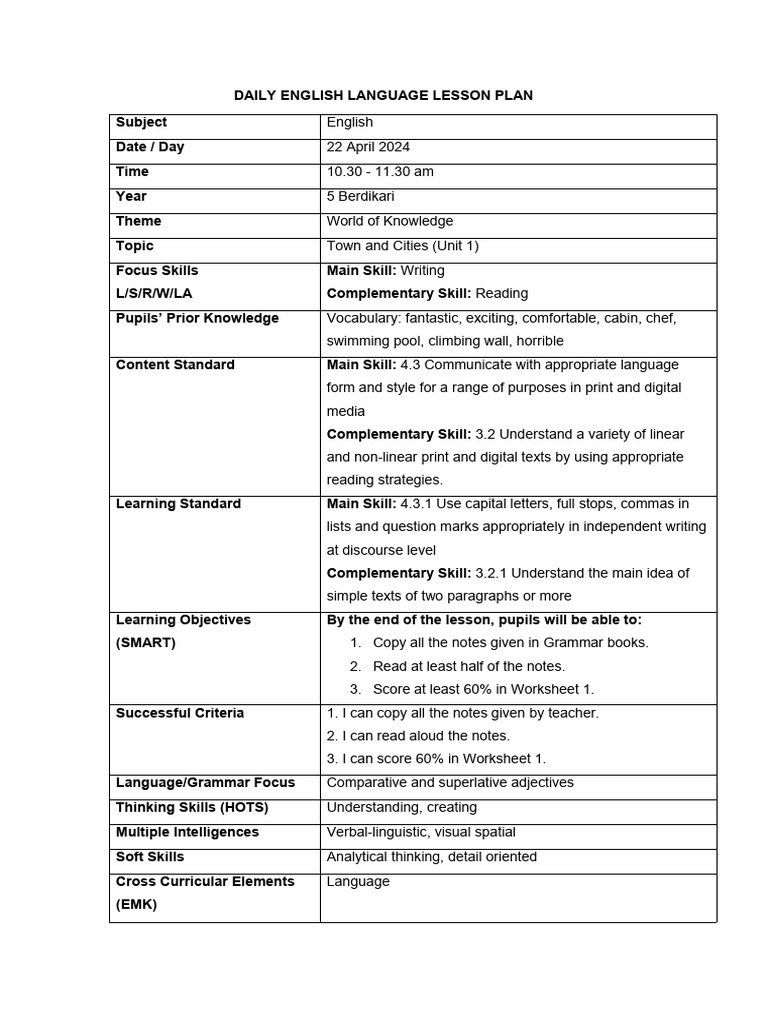 5B Lesson Plan 22 Aprildocx | PDF | Lesson Plan | English Language