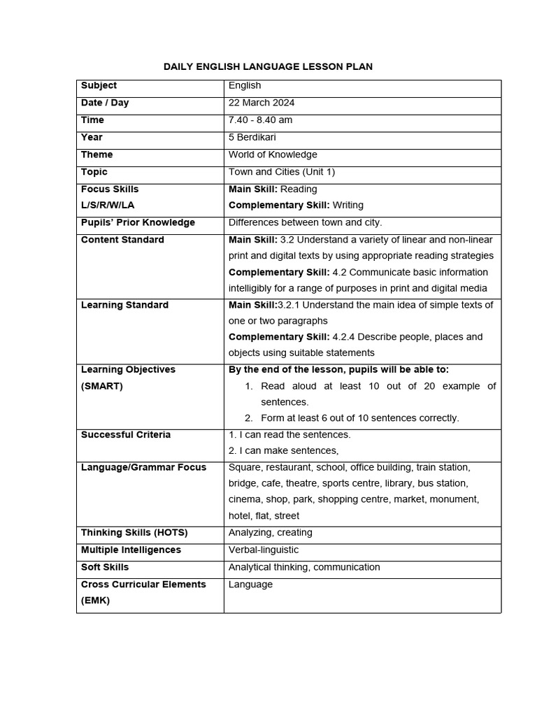 5B Lesson Plan 22 Mac 2024 | PDF | Lesson Plan | Pedagogy
