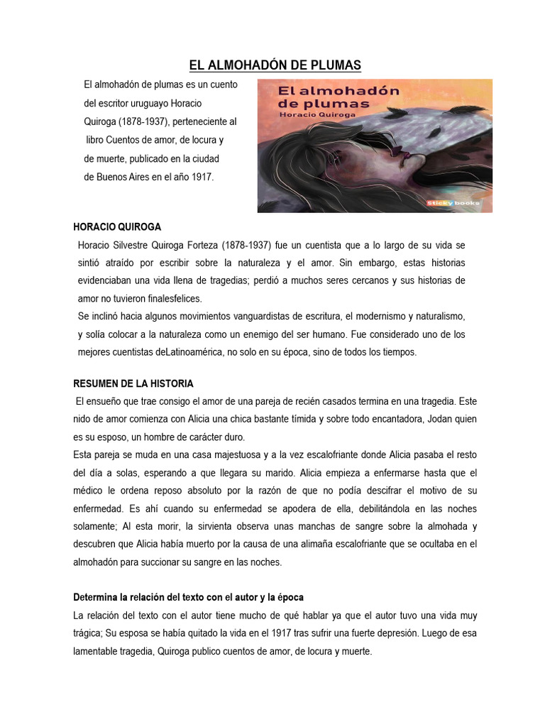 ANALISIS DEL CUENTO EL ALMOHADON DE PLUMAS 3° y 4° (NOVIEMBRE) | PDF | Amor