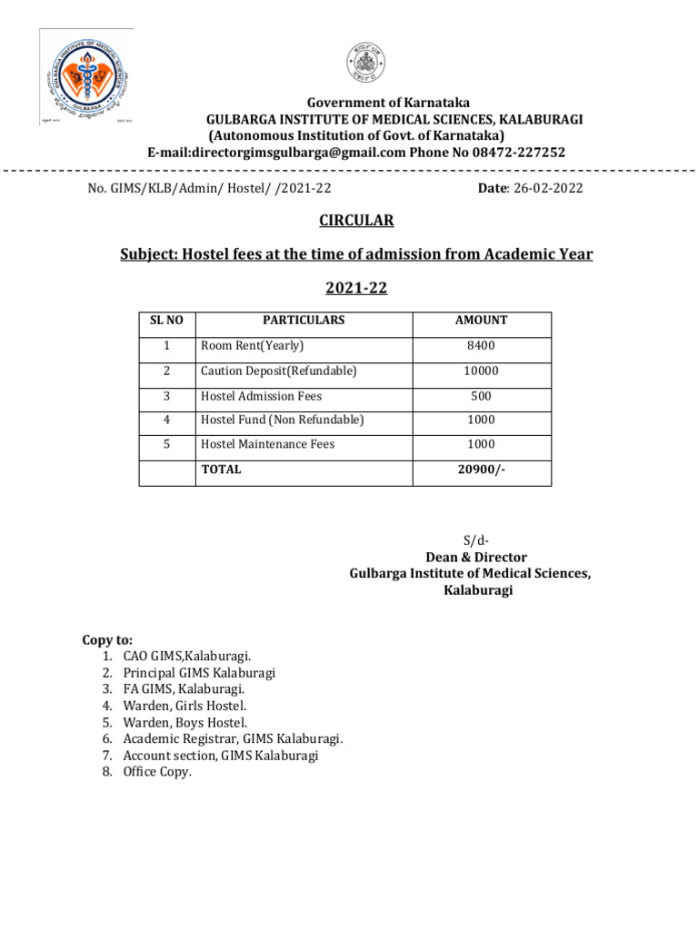 Hostel Fee Structure 2021-22 | PDF