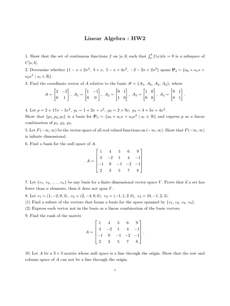 Linear Algebra Homework Solutions | PDF | Basis (Linear Algebra ...