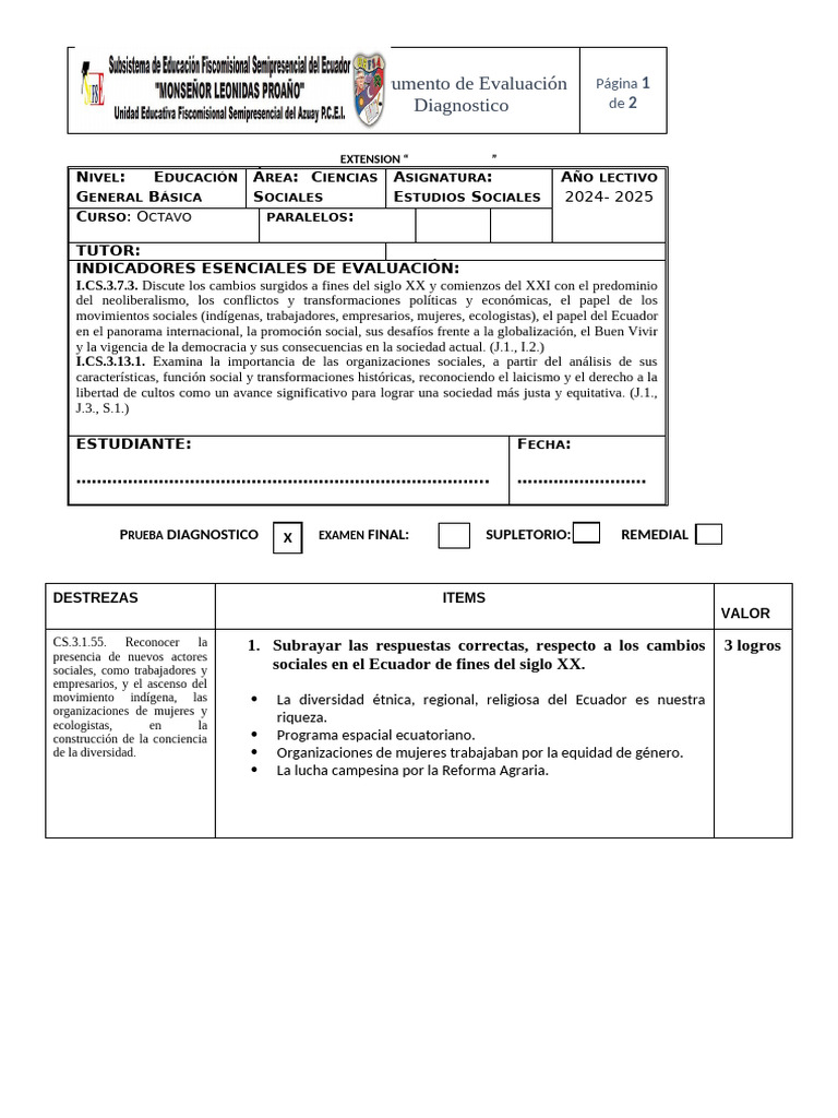 8vo EESS Diagnóstico | PDF | Ecuador | Ciencias Políticas