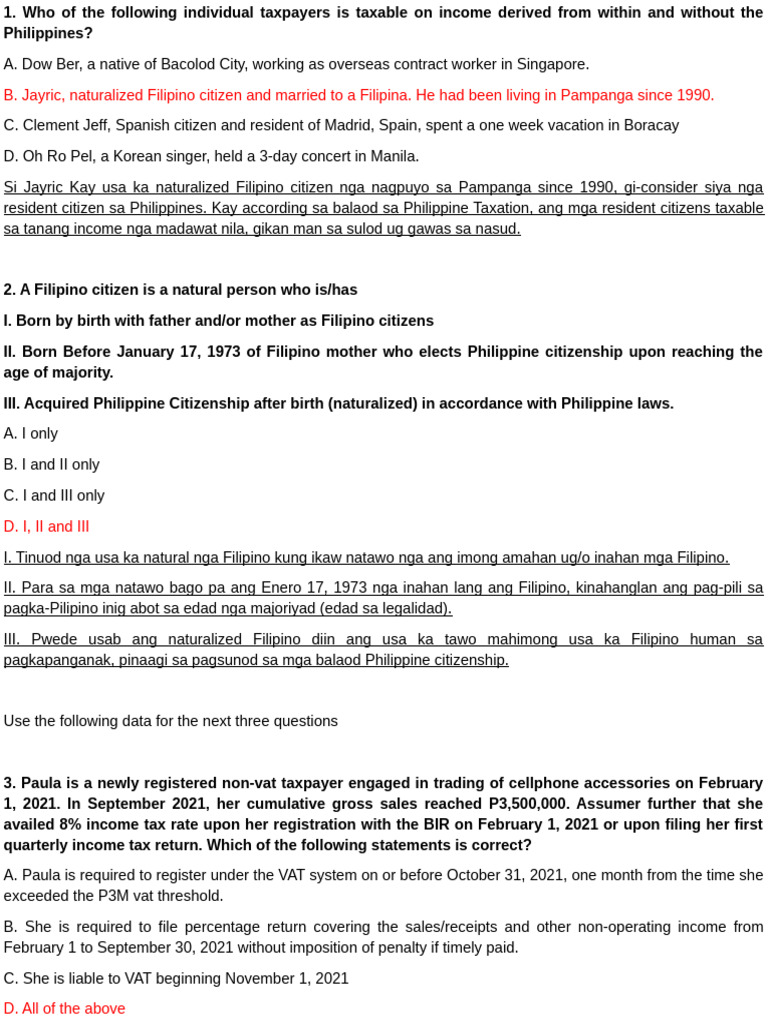 Tax Midterm Exam Answer Key | PDF | Taxes | Income Tax