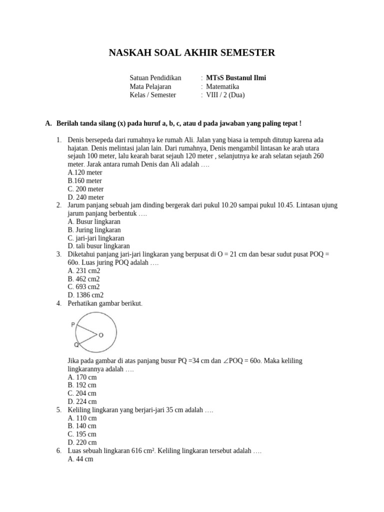 SOAL UAS MTK KELAS 8 MTs GENAP 2 | PDF | Griya & Taman