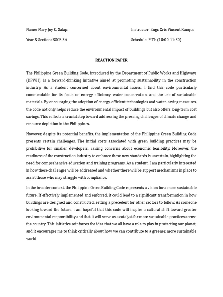 BSD Reaction Paper GREENBUILDINGCODE | PDF