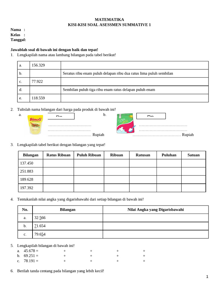 Kisi-Kisi Soal Bilangan Kelas 2-5 SD | PDF | Metode & Bahan Ajar